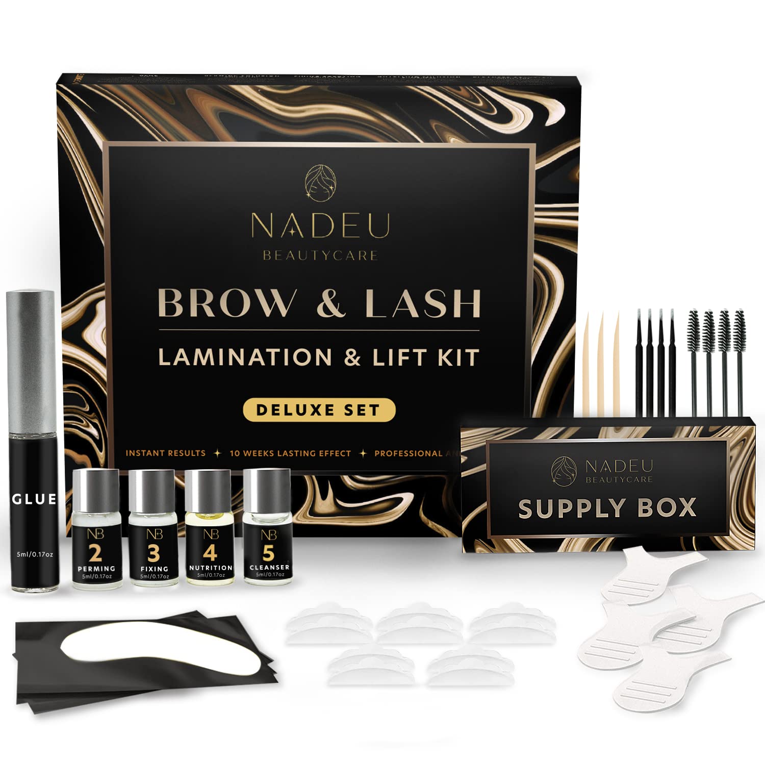 Nadeu Beautycare Eyebrow Lamination Kit & Lash Lift Kit Deluxe Set - Includes Beauty Brushes & Tools - Fuller Feathered Eyebrows & Curled Lashes - DIY at Home for Gorgeous Lifted Lashes & Trendy Brows