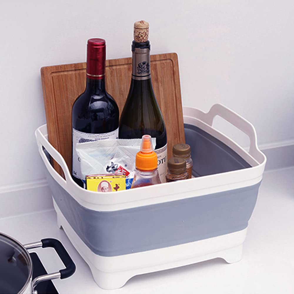 2.4 Gal(9L) Collapsible Dish Basin with Drain Plug, Space Saving Outdoor Multiuse Foldable Sink Tub, Dishpan, Kitchen Storage Tray for Camping, Vegetable Washing, RV (Grey)