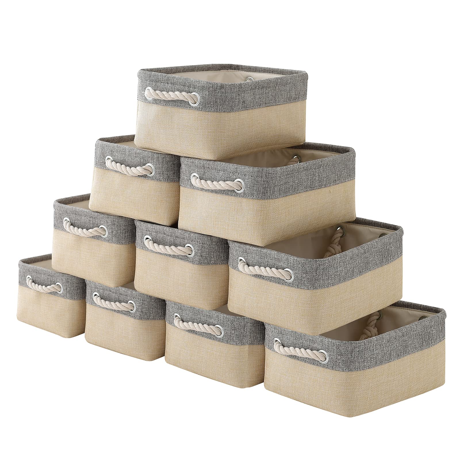 Jtirey Small Storage Baskets [10-Pack] Fabric Storage Bins 12"Lx 8"Wx 5"H Baskets for Shelves, Collapsible Clothes Baskets with Rope Handles for Organizing Dog Toys, Nursery Storage Basket (Grey&Gold)