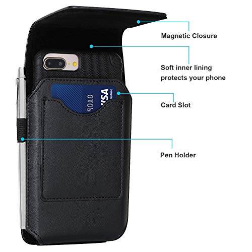Mopaclle Holster for iPhone 14 Plus,14 Pro Max, 13 Pro Max, 12 Pro Max, 11 Pro Max,Xs Max, 8 Plus, 7 Plus, Leather Cell Phone Swivel Belt Clip with ID Card Pouch Holder (Fits Phone w/Thin Case)