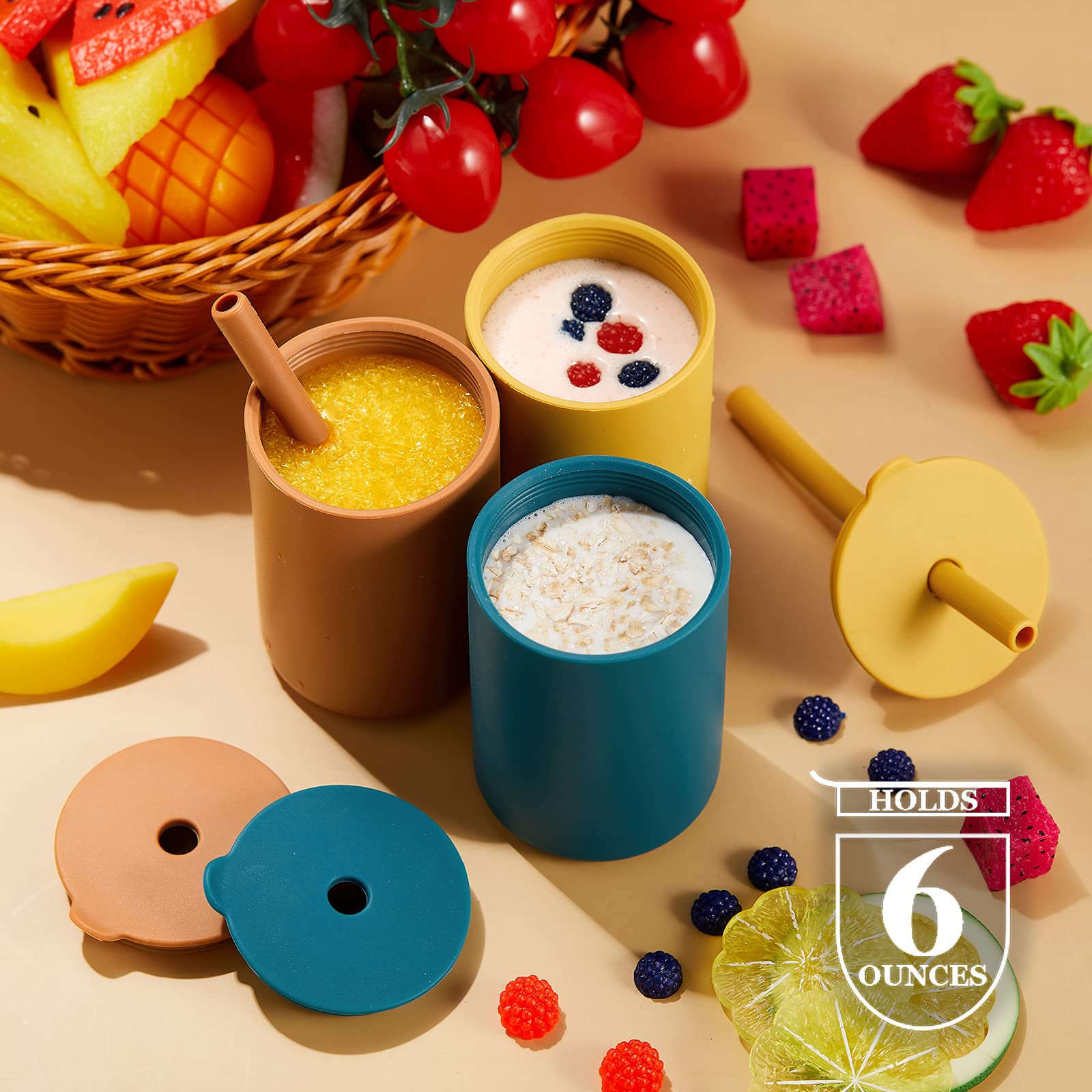 Geiserailie Mini Baby Silicone Cups with Straw Reliable Lid Sippy Cup Reliable 6 oz Unbreakable Training Cup for Toddler (Yellow, Blue, Brown,3 Pieces)
