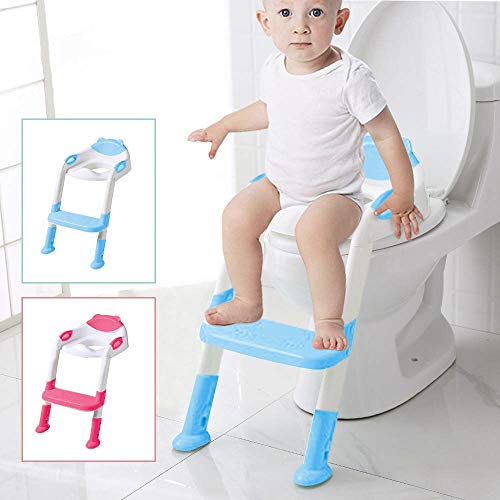 Besthls Potty Training Ladder Seat with Step Stool Ladder for Kids Boys Girl, Toddler Toilet Training Seat Chair with Soft Anti-Cold Padded Seat, Handles and Non-Slip Wide Steps (Light Sky Blue)