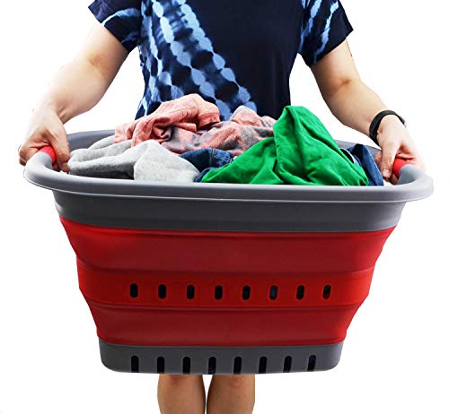 SAMMART 37L (9.77 gallon) Collapsible Plastic Laundry Basket - Foldable Pop Up Storage Container/Organizer - Space Saving Hamper/Basket (1, Grey/Red)