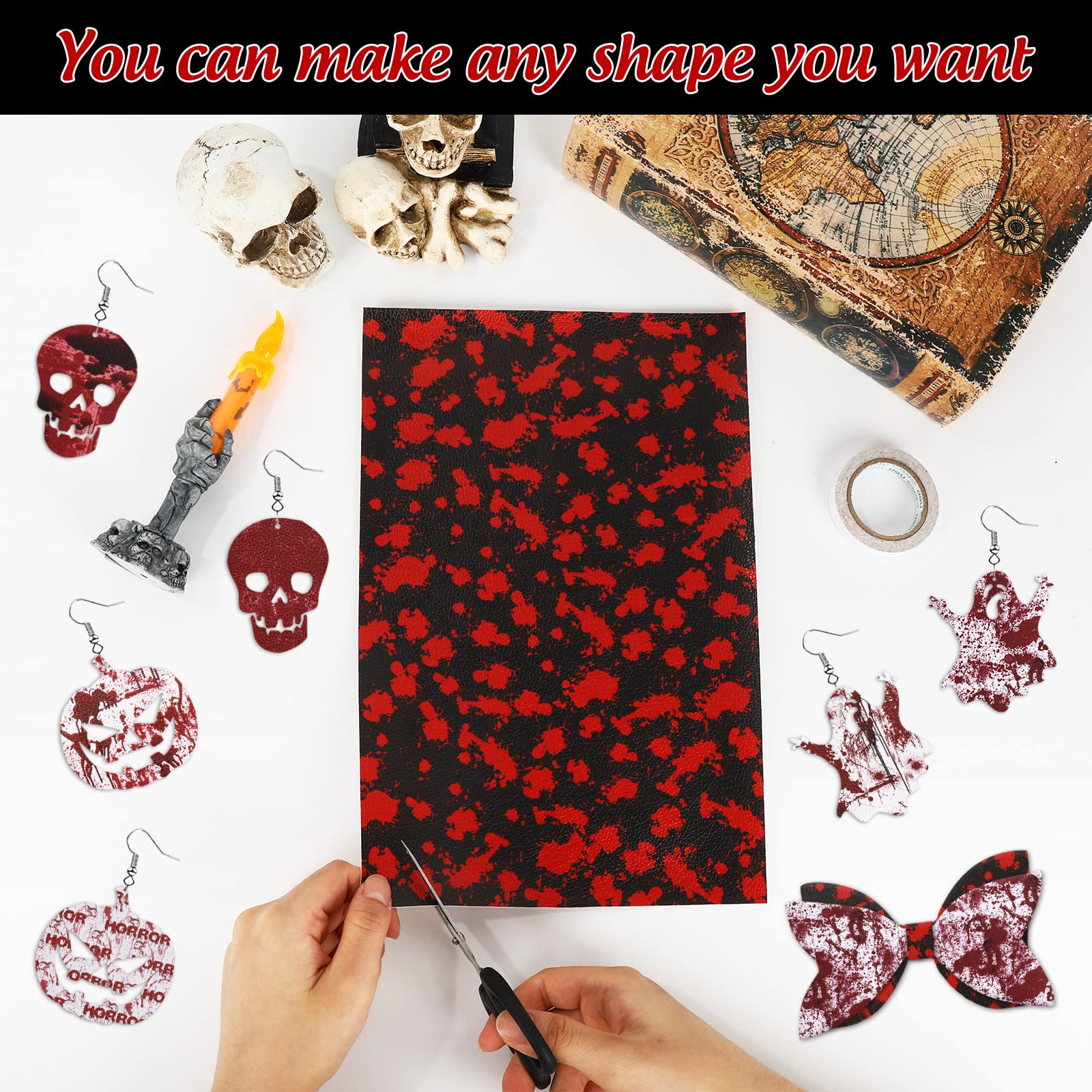 AnyDesign 10Pcs Halloween Theme Faux Leather Sheets Spooky Bloody Printed Synthetic Leathers Red White Black Scary Bloodstain Fabric Leathers for Halloween DIY Craft Earring Hair Bow Making, 8 x 12"