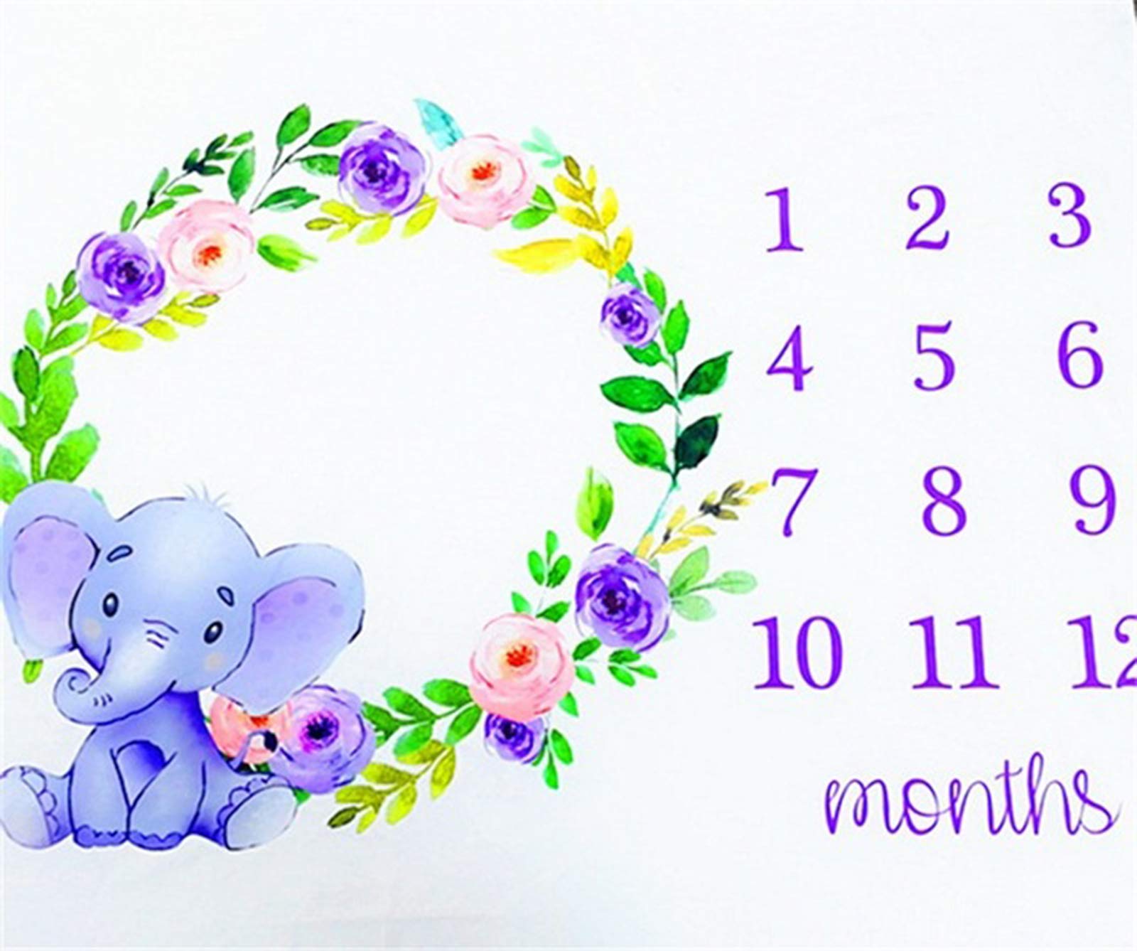 Baby Monthly Milestone Blanket Newborn Girls Purple Flower Elephant Photo Props Shoots Backdrop Personalized Photography Growing Infants Toddlers Swaddle Blanket Includes Wreath Frame