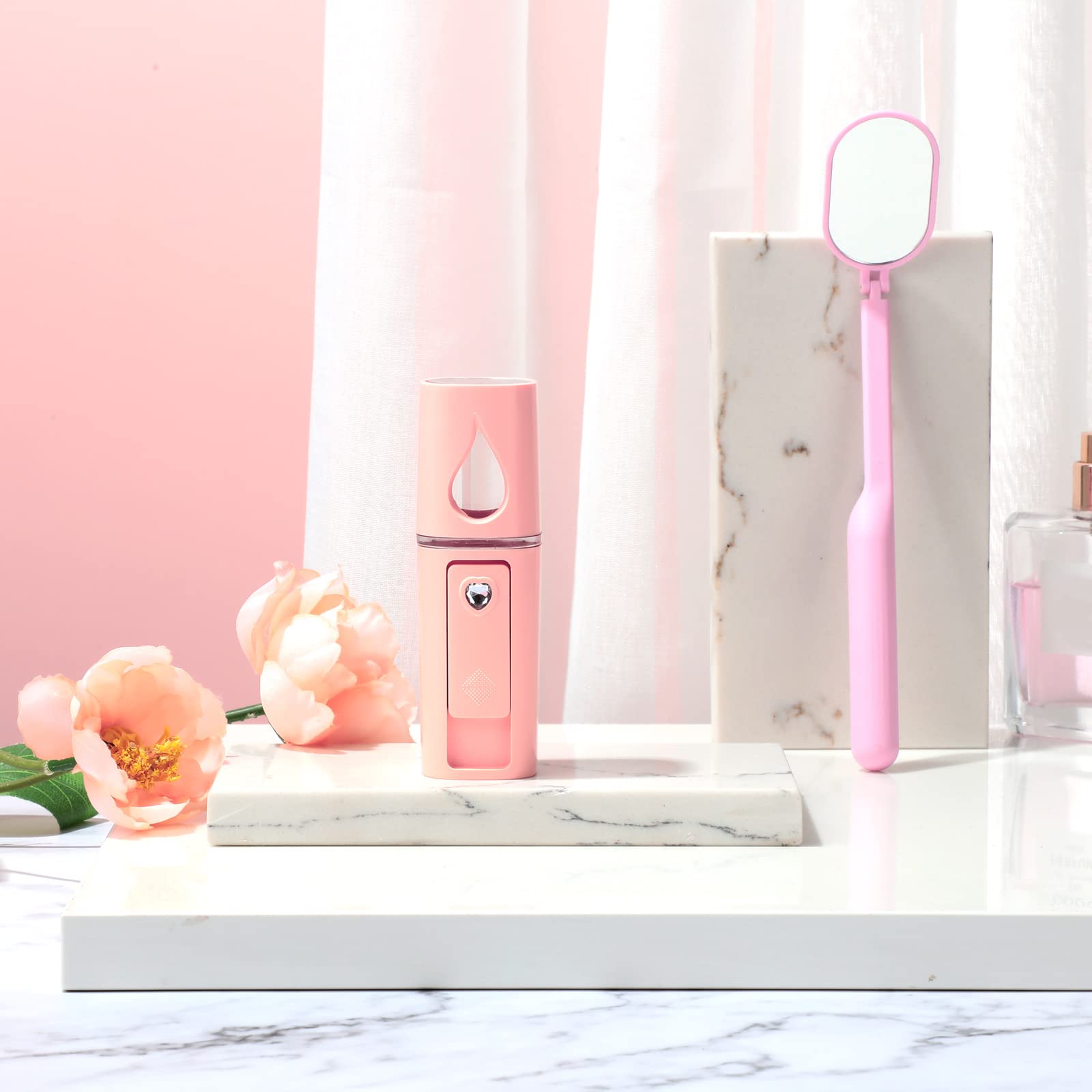 Nano Mist Sprayer Mini Portable Nano Facial Mister Usb Rechargeable Face Mist Steamer with 270 Degree Rotation Lash Mirror & 20ml Visual Water Tank for Makeup Skin Care(Pink)