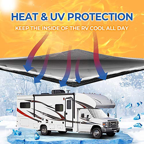 BougeRV RV Windshield Window Snow Cover for Class C Ford E450 1997-2023 Motorhome Windshield Cover Snow Cover for RV Front Window Sunshade Cover RV Accessories 4 Layers with Mirror Cutouts Silver