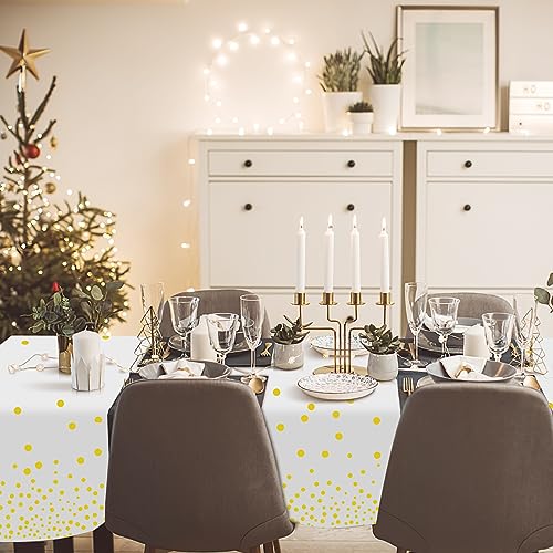 4 Pack Plastic Table Cloth Cover for Parties Disposable, White and Gold Tablecloth for 8 Foot Rectangle Tables, Birthday Wedding Graduation Mather Valentine's Day Easter Party Supplies Decorations