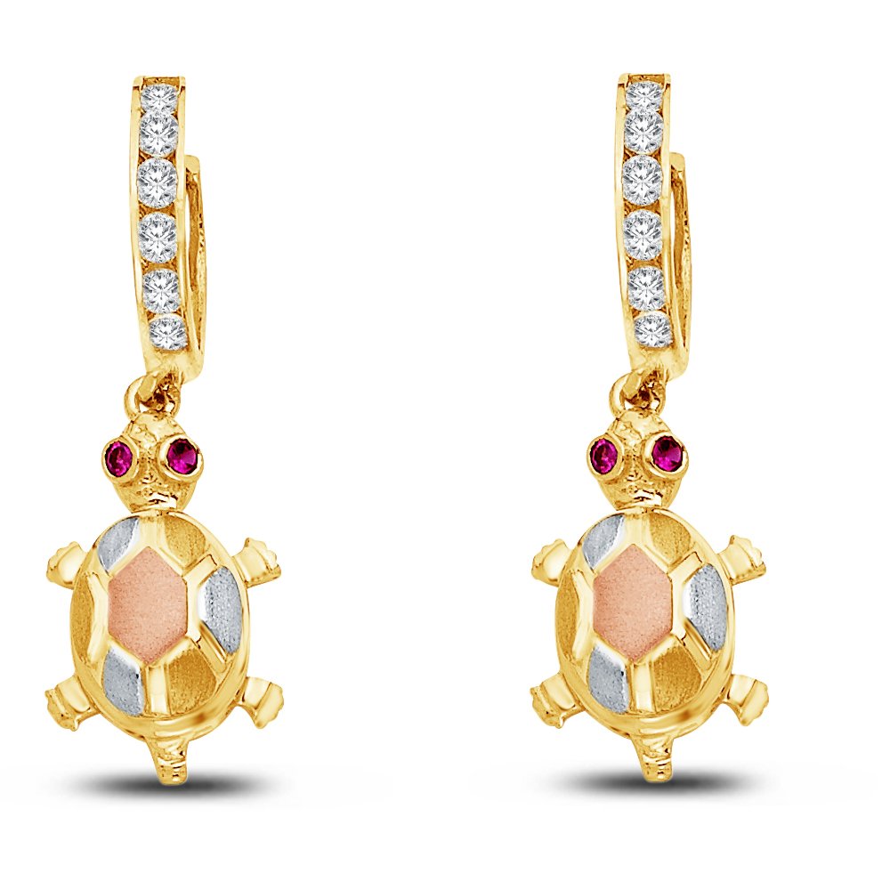14k Tri 3 Color Gold CZ Cubic Zirconia Fancy Huggies Hoops Dangle Hanging Drop Turtle Earrings (10 X 33mm)