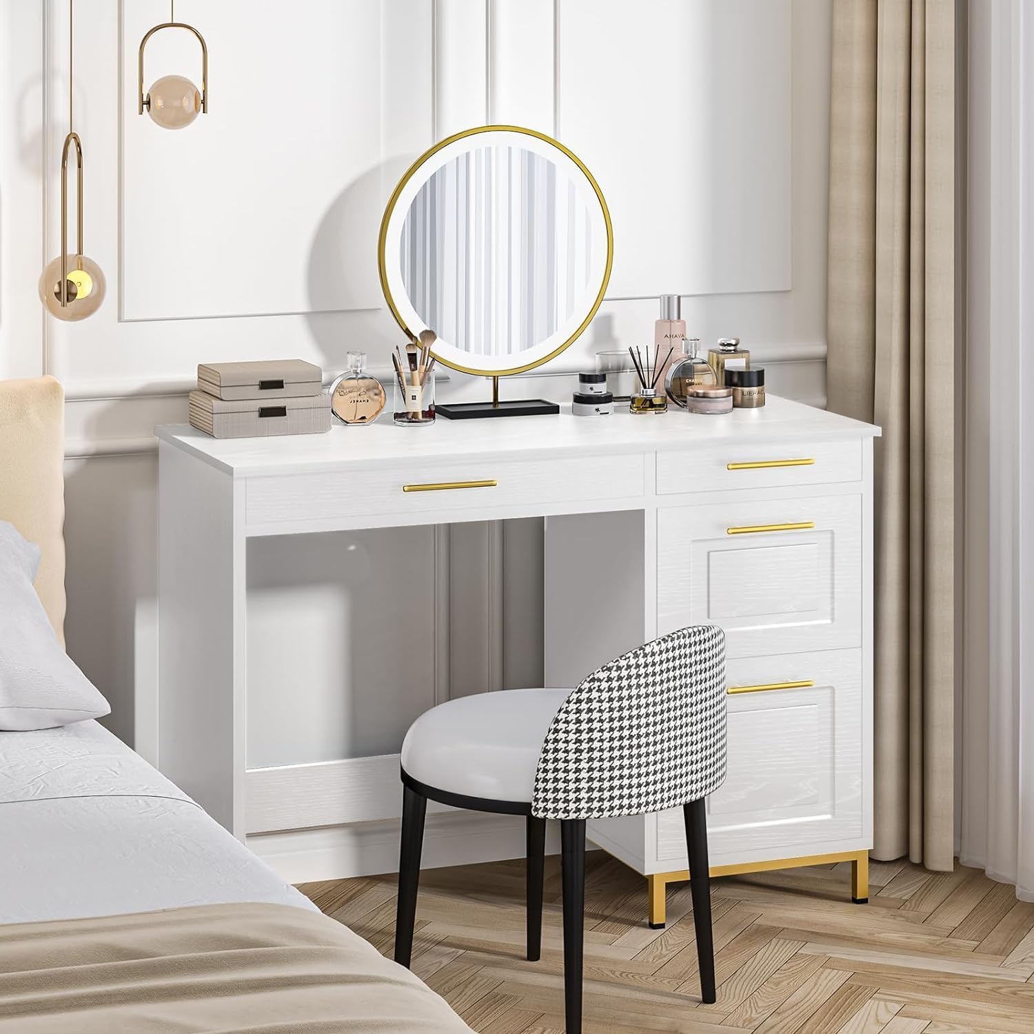 4 EVER WINNER White Desk with Drawers, 43β Home Office Small Desk with Drawers, Gold Hardware for Small Space, White and Gold Desk Writing Study Table for Bedroom
