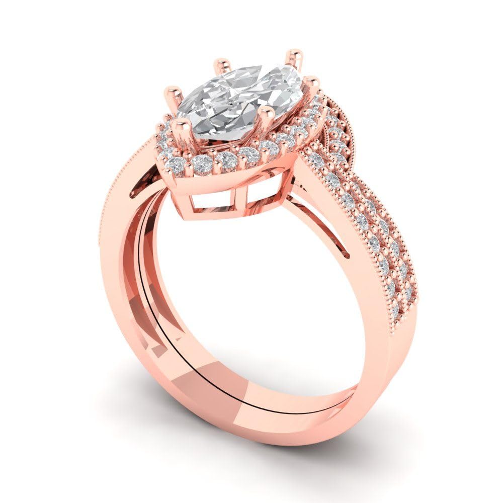 2.48ct Marquise Cut Clear VVS1 Ideal Zircon 14k Rose Gold Halo W/Accents Wedding Bridal Anniversary Ring Set Size 8.25