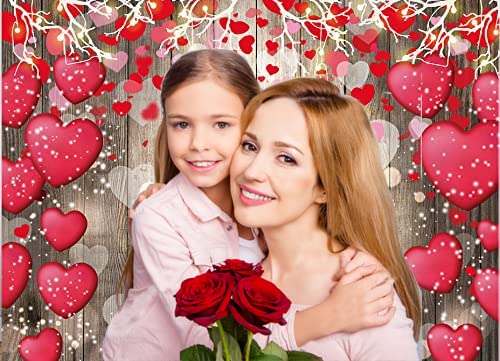 CHAIYA 8x6ft Mother's Day Backdrop Rustic Wood Red Love Heart Backdrop Mother's Day Backdrops for Photography Bridal Baby Shower Decoration Banner