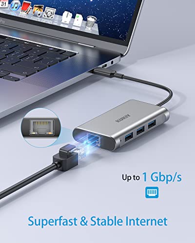 USB C Hub 8-in-1 with 4K HDMI, KUKIY Gigabit Ethernet, 3 USB 3.0, 100W PD Charging and SD&Micro SD Card Reader USB C Adapter Aluminum for MacBook Pro/Air (Thunderbolt 3)