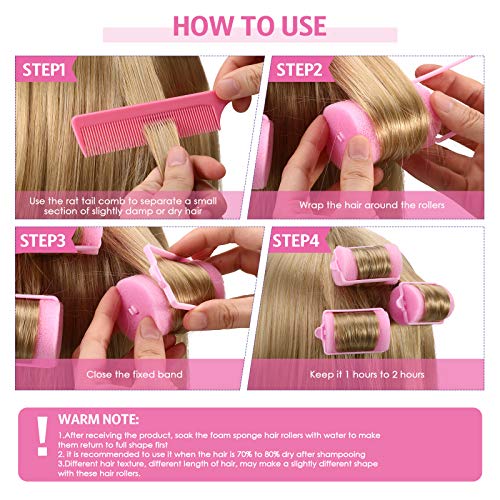 Syhood 12 Pcs Jumbo Foam Sponge Hair Rollers 1.89 Inch Soft Sleeping Curlers Flexible Large Foam Rollers and Rat Tail Comb for Hair Styling(Pink)