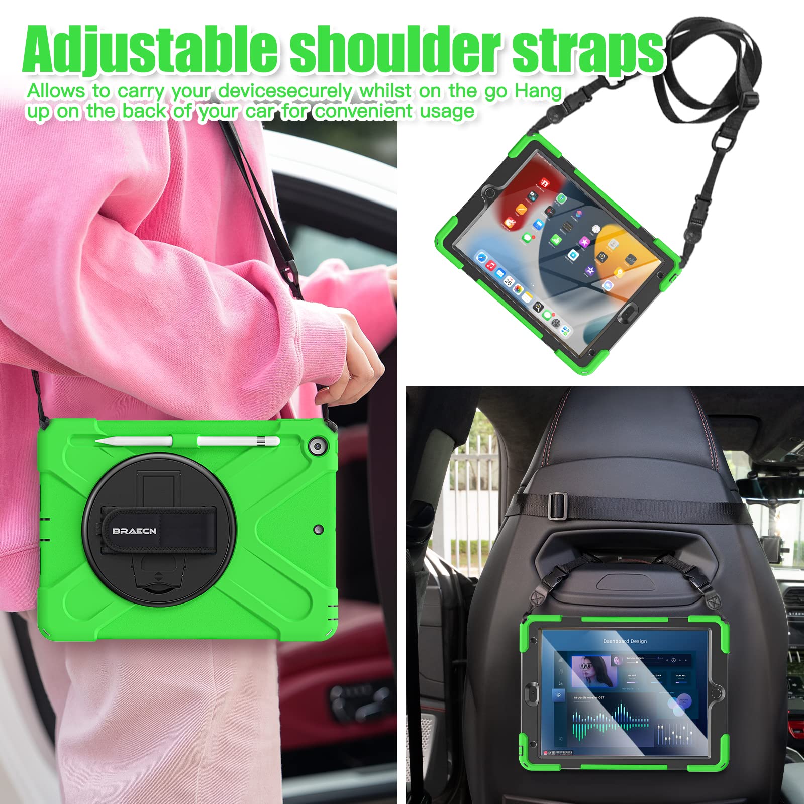 BRAECNstock for Apple iPad 9th 8th 7th Generation Case 2021 2020 2019 Shockproof iPad 10.2 Case Cover with Screen Protector Pen Holder Rotating Stand+Hand Strap Kids Case for iPad 9th 8th Gen - Green