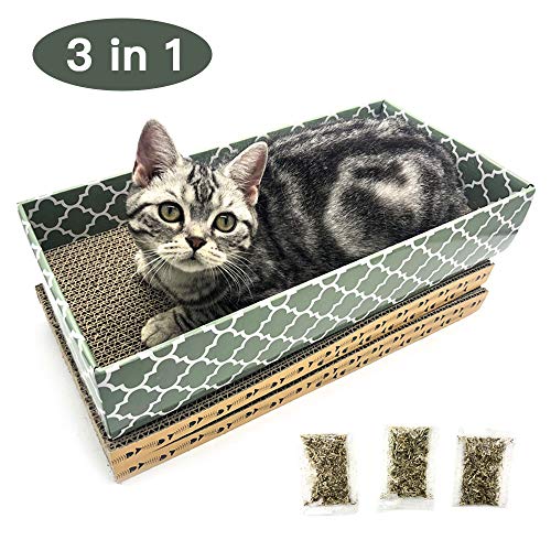 MECOOL Cat Scratcher Cardboard Scratching Pads Scratch Lounge Bed with Catnip 3PCS Reversible Corrugated Cardboard with Scratch Box