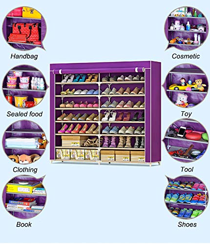 IBEQUEM Double Row 7-Tier Shoe Rack, Stackable Non Woven Cover Shoe Storage Cabinet, Metal Shoe Tower Cabinet Holds 28 Pair, Portable Shoe Shelf for Closet, Balcony, Bedroom Entryway (Coffee)