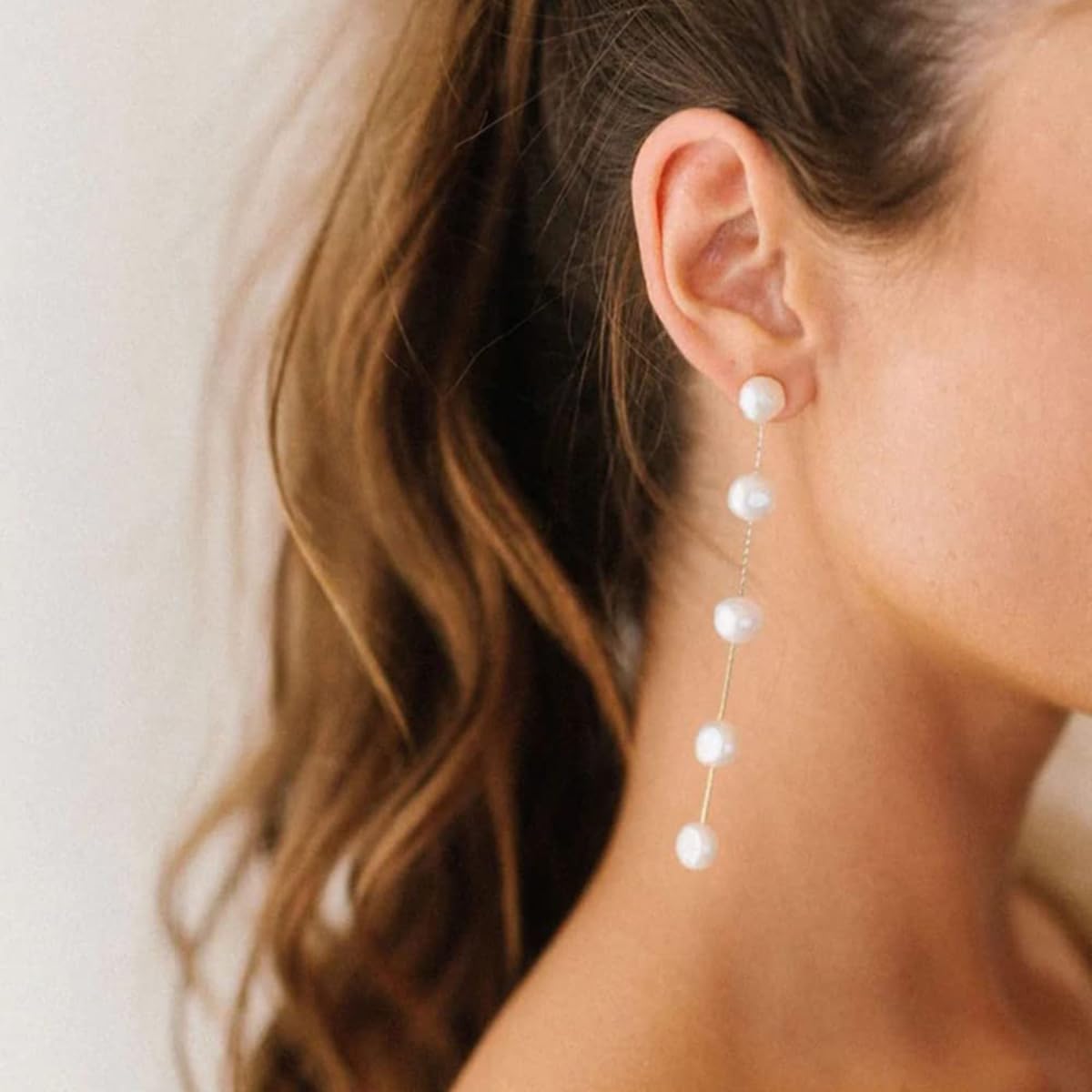 14k Silver Plated Long Pearl Drop Dangle Earrings for Women Chain Baroque Pearl Stud Jewelry for Bridal Wedding