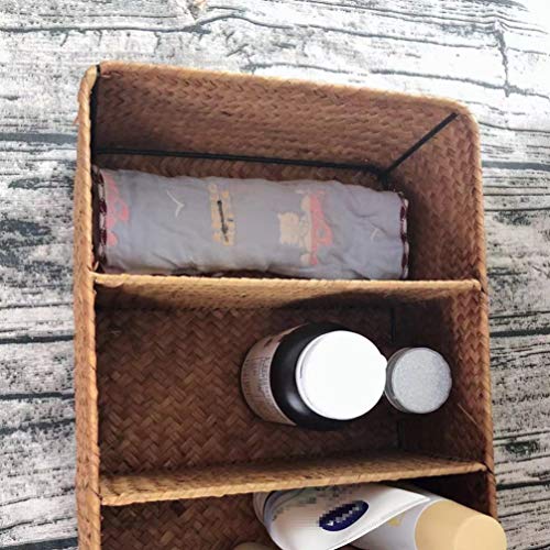 Cabilock Hand-Woven Basket Seagrass Seaweed Woven Storage Box 3-compartments Desktop Organizer Case for Home Bathroom Office Decor 32x22x11cm (Yellow)