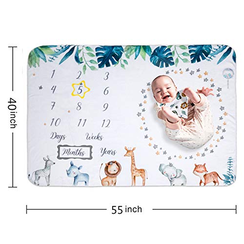 Baby Monthly Milestone Blanket - Nursery Decor for Newborn Baby Shower - Personalized Soft Fleece First Year with Days/Weeks/Months/Years - Markers & Frame &12 Stickers Included - Large 55"x40"