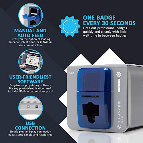 ID Maker Zenius 1 Sided Card Printer Machine & Supply Kit for Badge Printing - Print Professional Quality Identification Badge - IDMaker Software, Premium Camera, 200-Print Color Ribbon, 200 PVC Cards