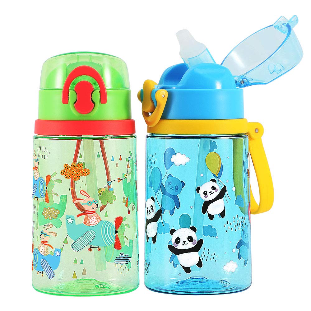 Home Tune 2 Pack Cute Water Bottles with Straw for Kids Girls Boys, BPA FREE Tritan & Leak Proof & Secure Lock & Soft Carry Loop, 14oz / 400ml (Airplane & Panda)