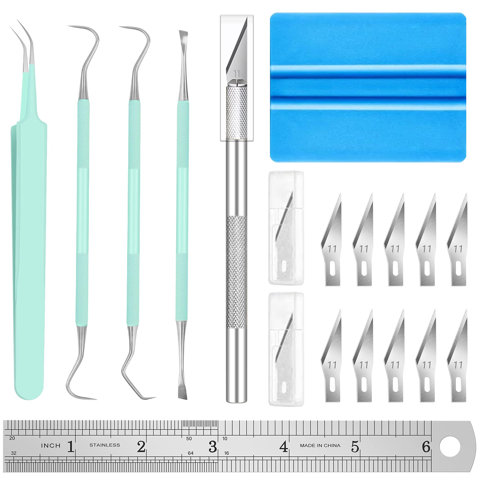 17PACK Weeding Craft Tool Craft Weeding Tool Vinyl Craft Paper Craft Tool Kit for Silhouettes Cameos, Lettering Scraper Hook Spatula Tweezers Green Color
