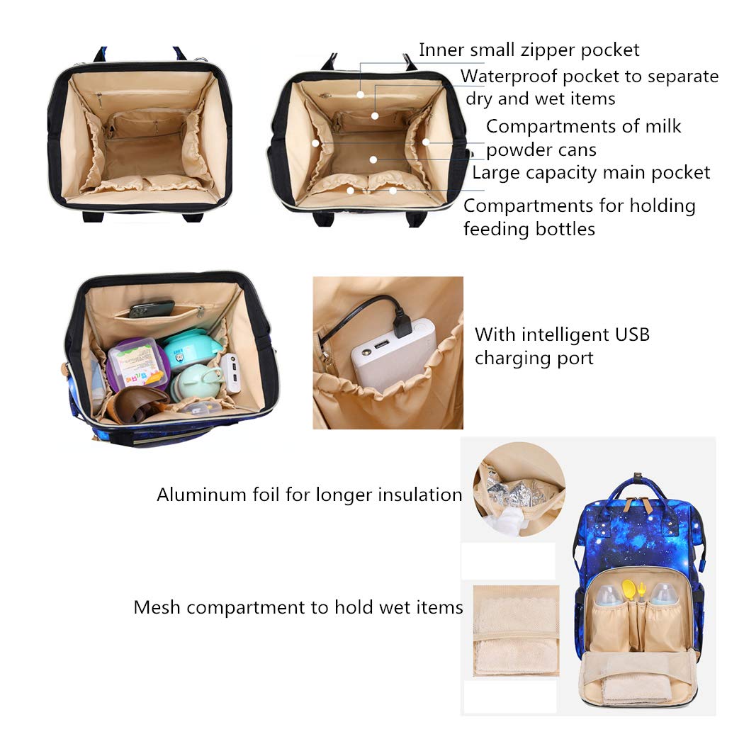 Galaxy Prints Mommy Diaper Bag Backpack Large Capacity Maternity Baby Nappy Changing Bags with USB Charger