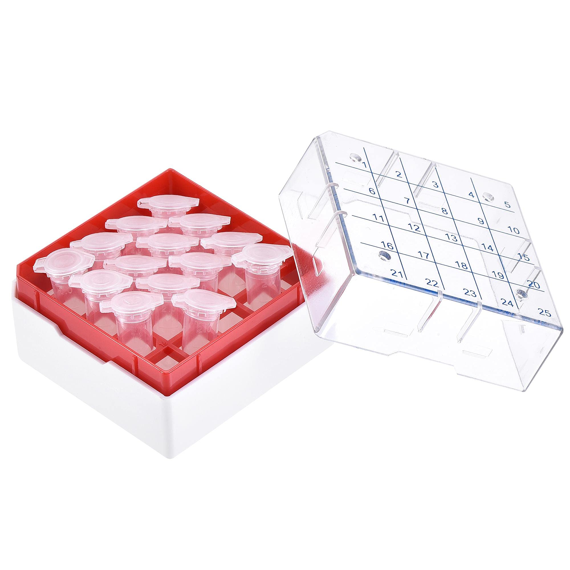 uxcell Centrifuge Tube Freezer Storage Box 25 Places Waterproof Polypropylene Cryogenic Holder Rack for 1.8/2ml Microcentrifuge Tubes Vials Samples, Red Pack of 4