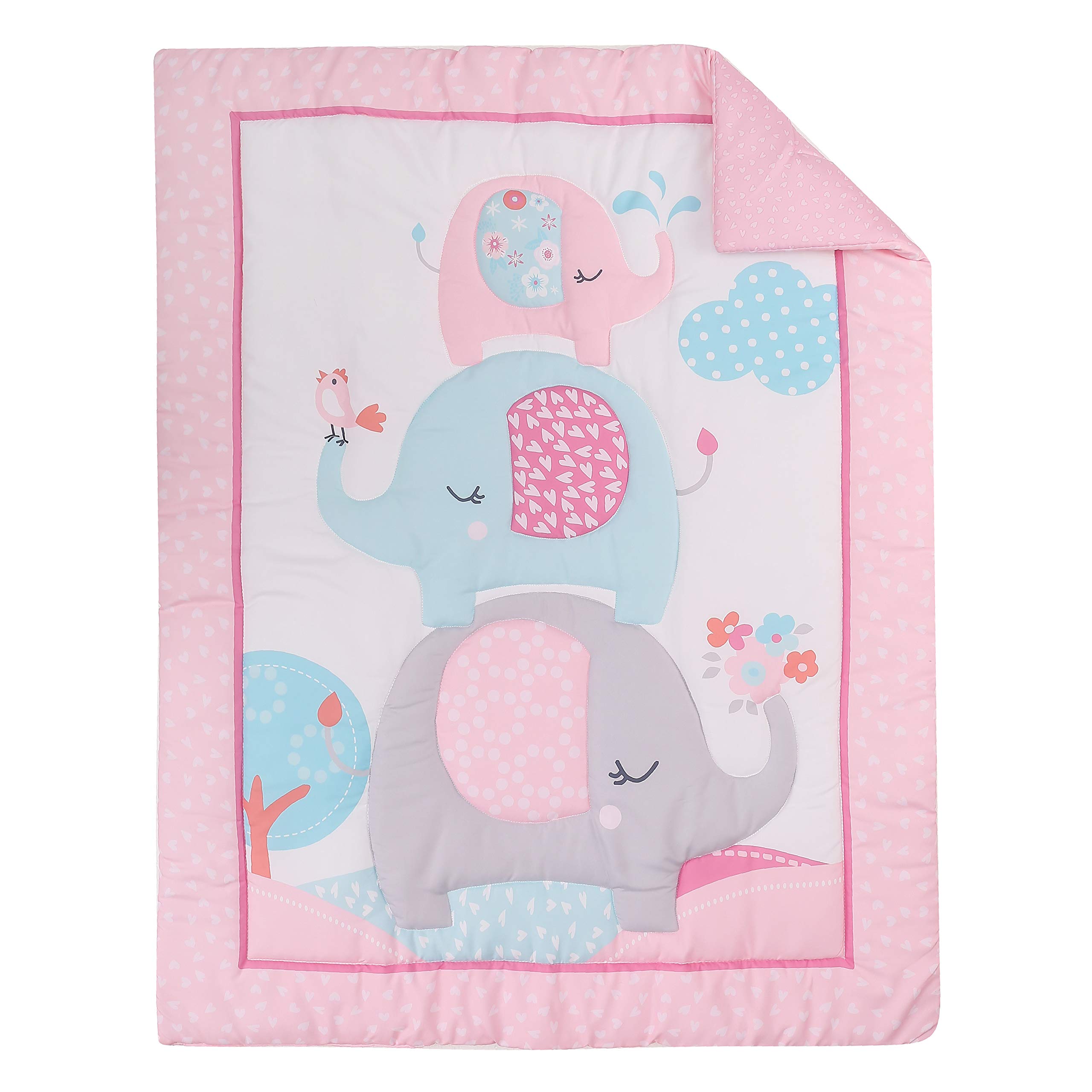 Brandream Pink Grey Elephant Crib Bedding Sets for Baby Girls | 3 Piece Nursery Set | Crib Comforter, Fitted Crib Sheet, Crib Skirt Included with Exotic Floral Design