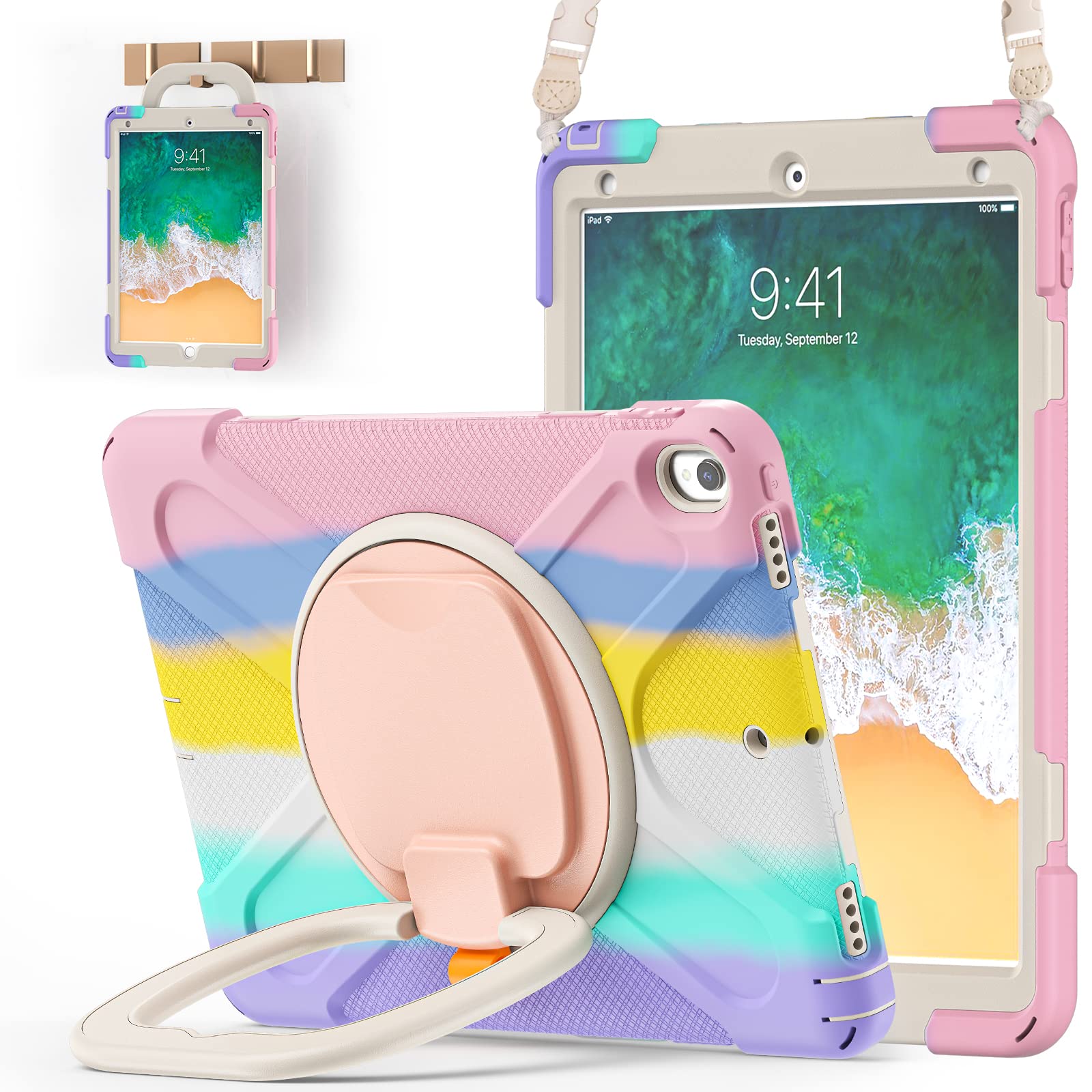 BATYUE iPad Pro 10.5 Case 2017 Released, iPad Air 3rd Generation Case 2019 Release; Rugged Heavy Duty Protective Cover with Pencil Holder, 360° Swivel Stand, Shoulder Strap; for Kids (Colourful Pink)