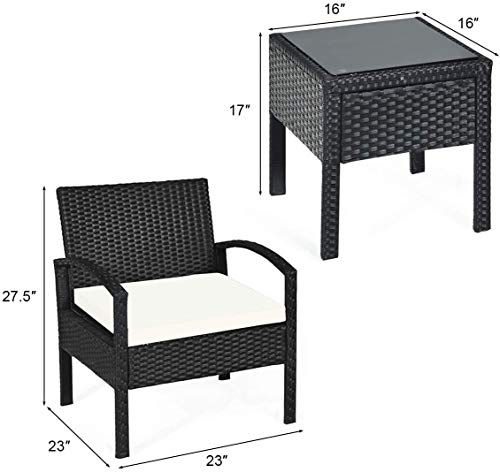 HAPPYGRILL 3pcs Patio Conversation Set Outdoor Wicker Furniture Set Rattan Table & Chairs Set with Seat Cushions, Modern Bistro Set with Coffee Table for Garden Balcony Backyard