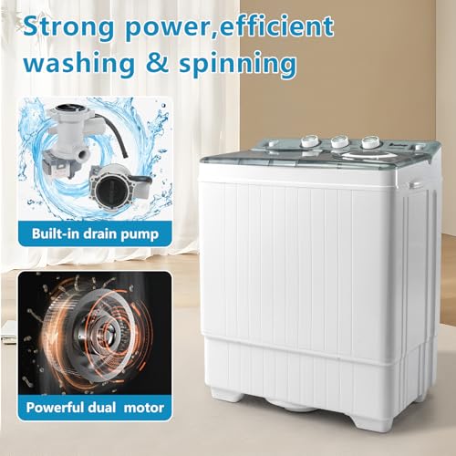 26Lbs Portable Washing Machine and Dryer, Twin Tub Portable Washer Dryer Combo with Drain Pump, Semi-Automatic 18Lbs Washer Mini Laundry Machine with 8Lbs Spinner for Dorms, Apartments, RVs, Gray