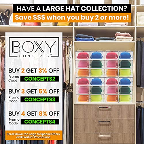 Boxy Concepts Plastic Hat Organizer for Baseball Caps (6-Pack) Easy Assembly, Stylish, Dust-Proof, Transparent, Stackable with Odor Vents. Ideal Holder, Case or Hat Rack Storage System 13β x 5.5β x 9β