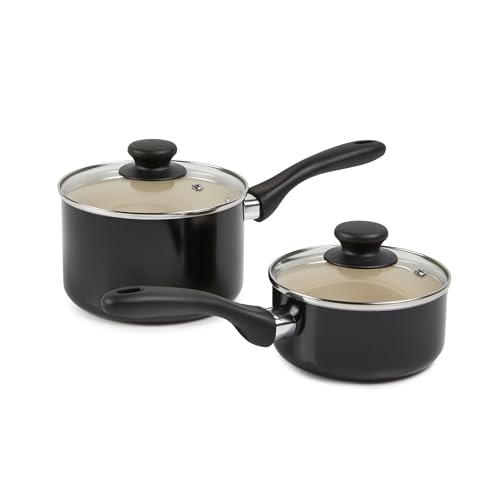 Amazon Basics 11-Piece Ceramic Non-Stick Pots and Pans Set, Dishwasher & Oven Safe, Non-Toxic, Easy Clean, Black/Cream