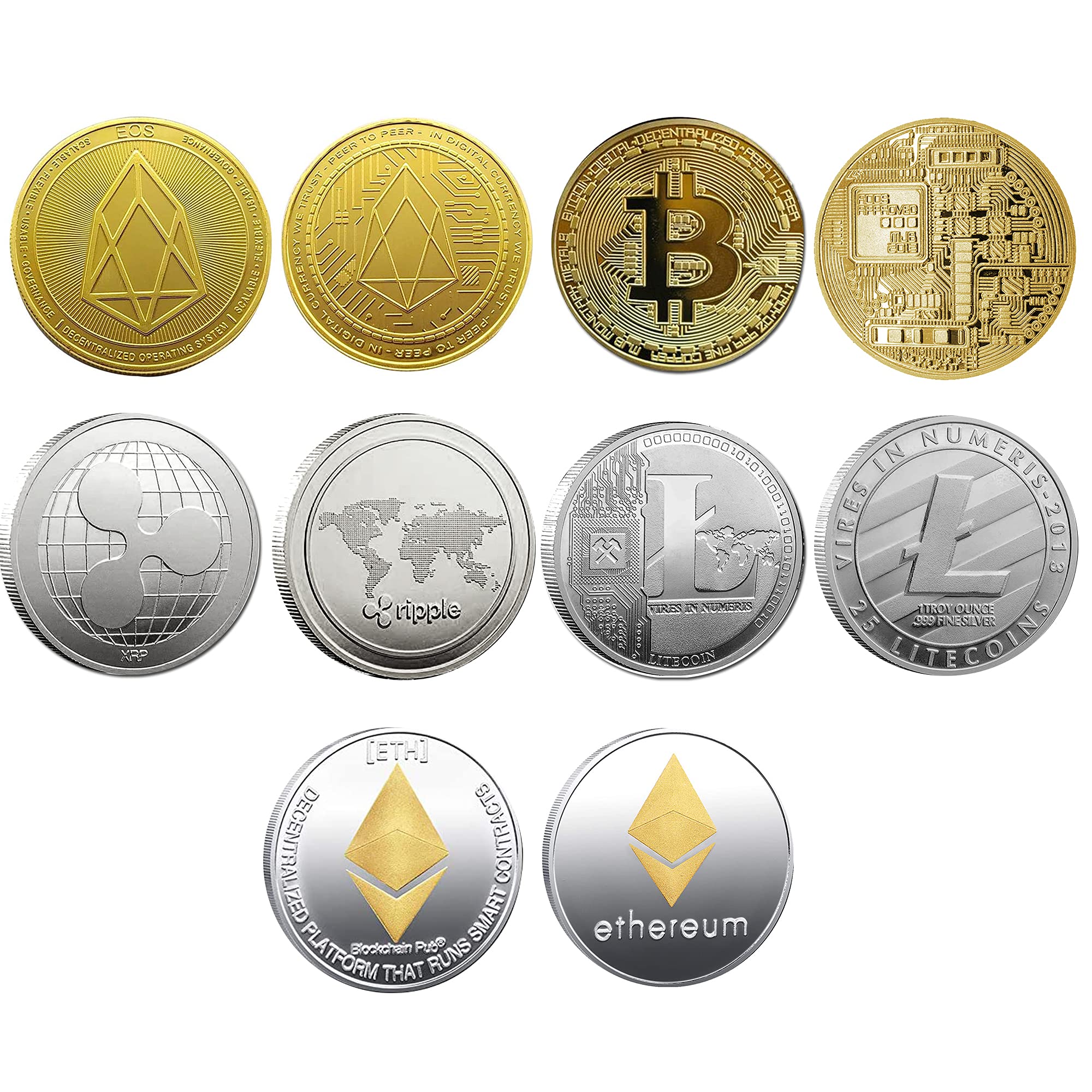 Neatbuddy 5PC Bitcoin Coin Collector Physical Cryptocurrency Gift Set, Bitcoin (BTC), Ethereum (ETH), Litecoin(LTC), Ripple (XRP),Eos (EOS),Gold and Silver Color
