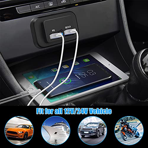 12V USB Outlet, Quick Charge 3.0 USB-A Port and USBC Port, 12V 24V Input Surface Mount RV USB Outlet, for RV Marine Motorcycle Truck Golf Cart