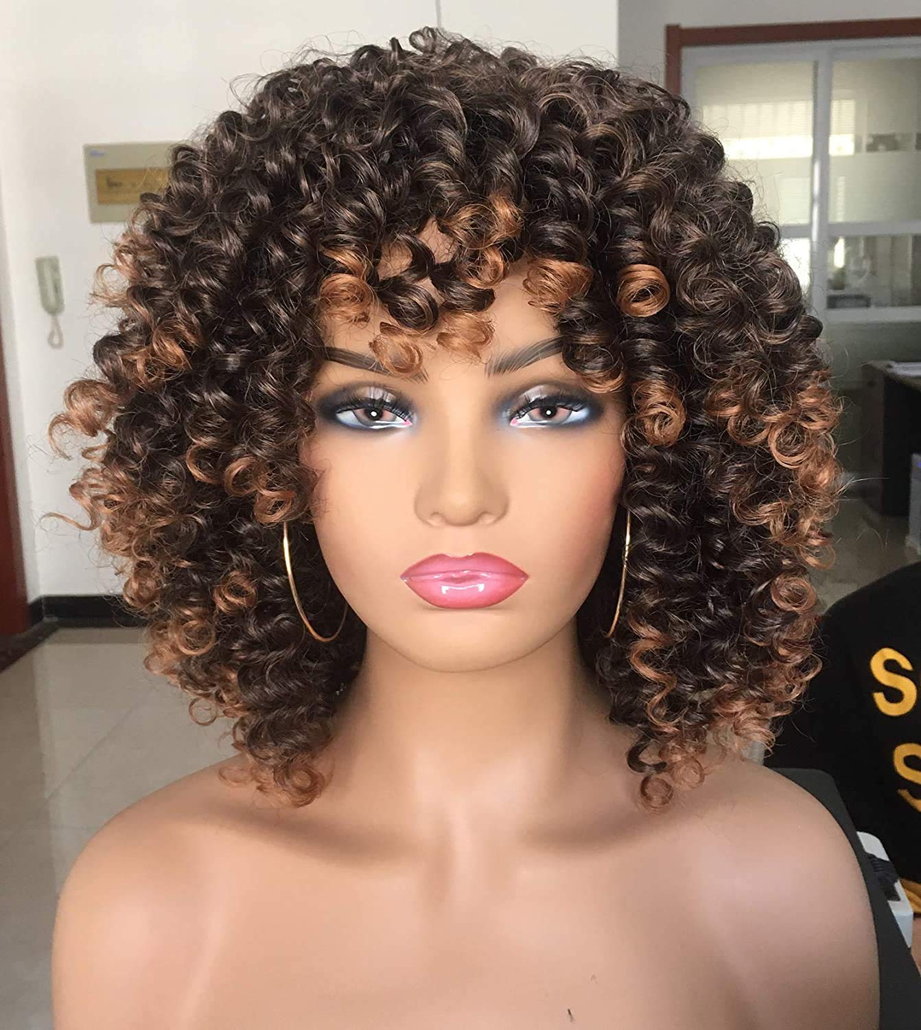 ANNIVIA Short Curly Wig for Black Women with Bangs Big Bouncy Fluffy Kinky Curly Wig Heat Resist Soft Synthetic 2Tone Ombre Darkest Brown Short Curly Afro Wig