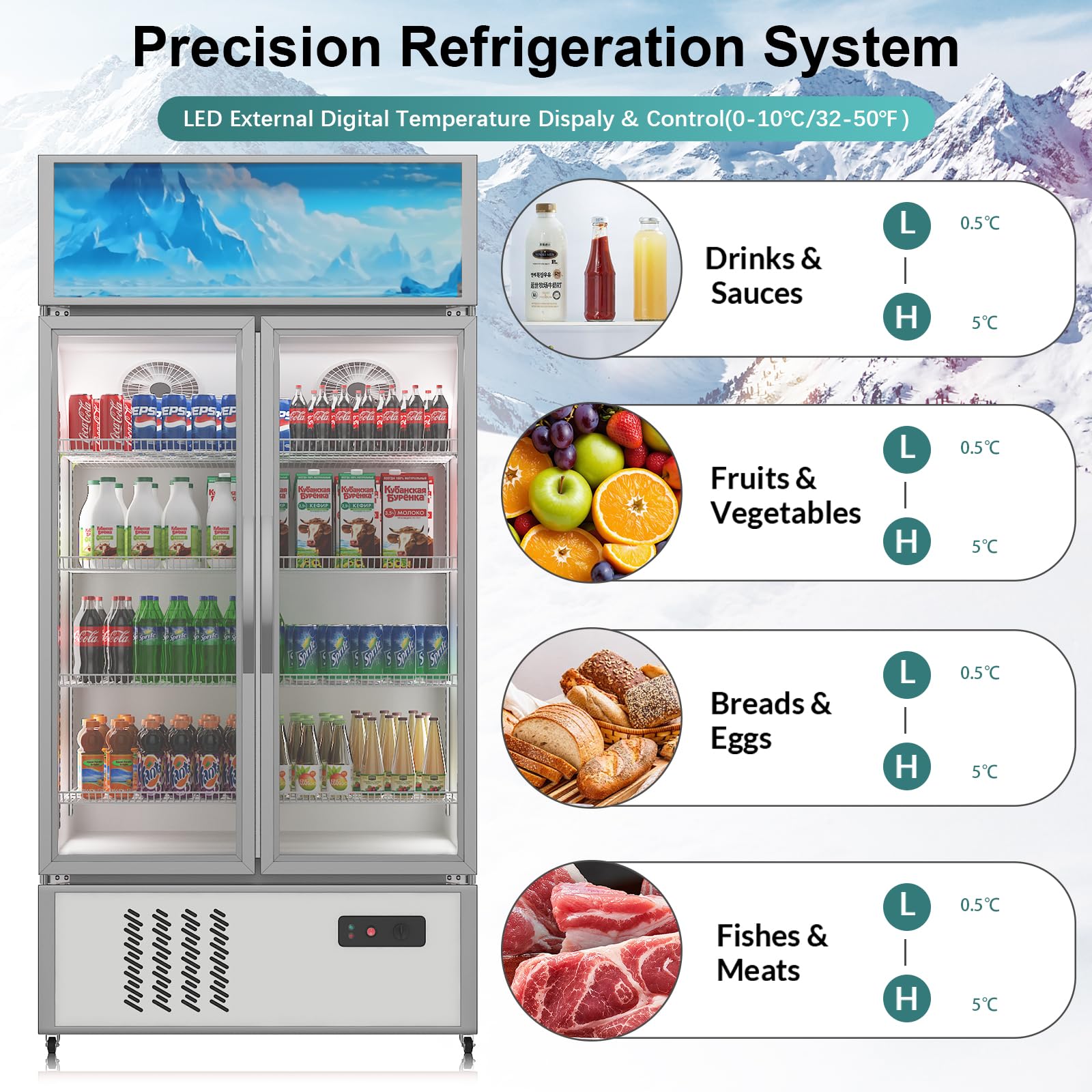 18 Cu. Ft. Commercial Refrigerators Glass Door, Commercial Beverage Fridge, Commercial Merchandiser Refrigerator for Beer, Bar, Drink, Display Upright Beverage Refrigerator Cooler, Silver 