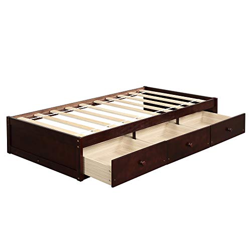 Hooseng Twin Size Platform Storage Bed with 3 Drawers,No Box Spring Needed, Brown Cherry