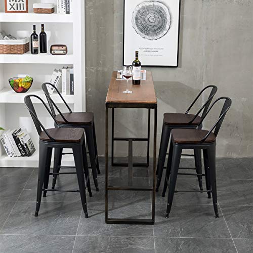 Aklaus Metal Bar Stools Set of 4,24 inch Barstools Counter Height Bar Stools with Backs Farmhouse Bar Stools with Larger seat High Back Kitchen Dining Chairs Modern Bar Chairs Matte Black Stool
