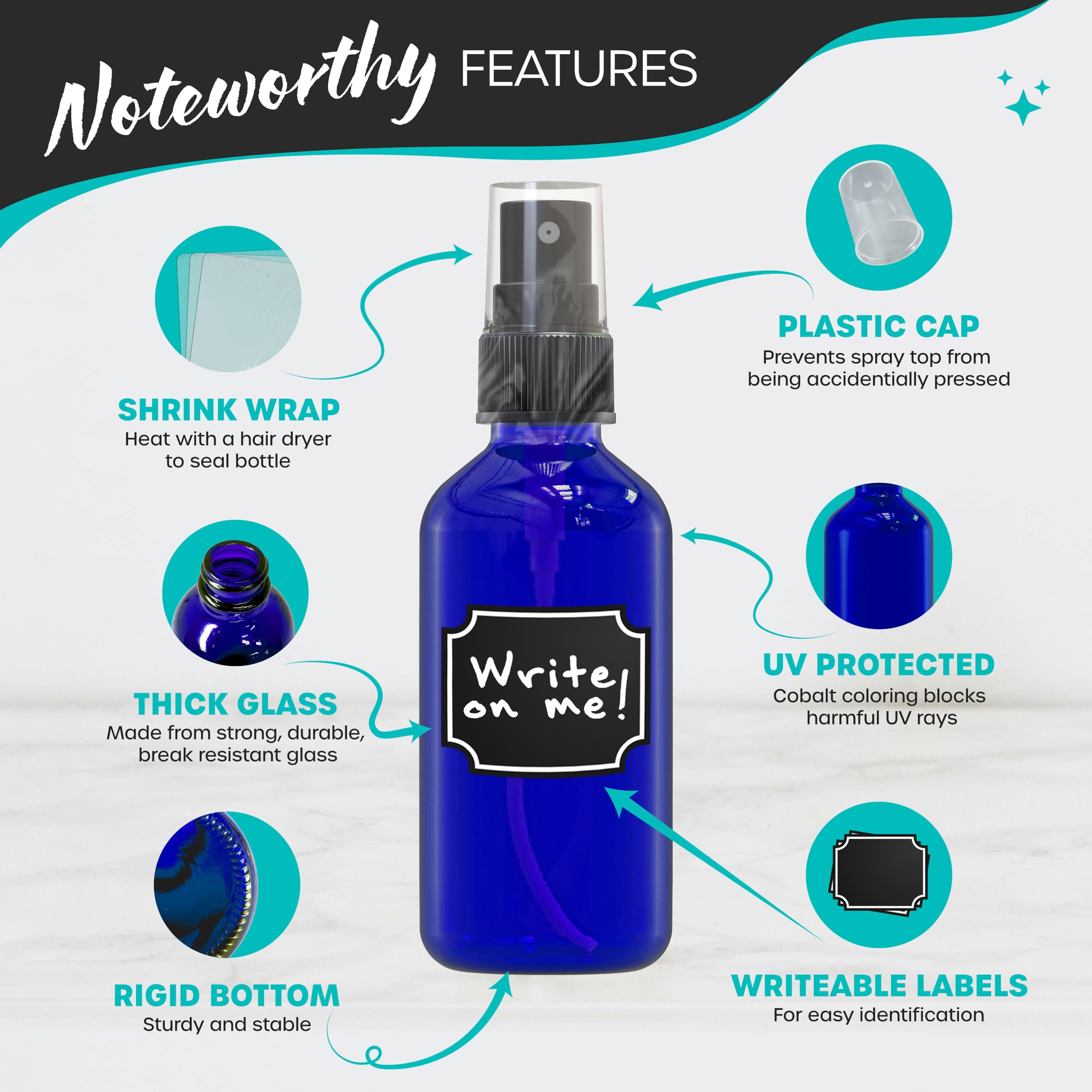 Nevlers 24PK Blue Glass Spray Bottles 2 Oz Set | Glass Spray Bottles w/Shrink Wrap, Labels & More | Small Spray Bottle For Use as Perfume Spray Bottle, Spray Bottle for Oil & Alcohol Spray Bottle