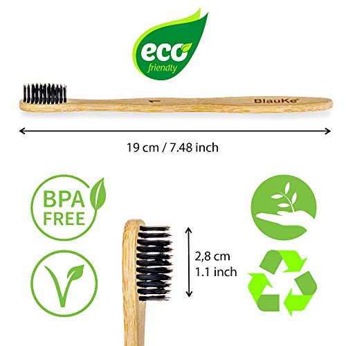 BlauKe Bamboo Toothbrushes Medium Bristles 5-Pack – Biodegradable, Sustainable, Natural, Eco Friendly – Black Charcoal Wooden Toothbrush Set