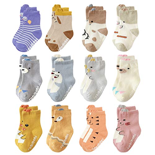 Fanairy Baby Boys Girls Socks with Grips Toddler Infant Non-Skid Crew Cotton Cartoon Socks 12 Pack, Assorted Color, 1-3T