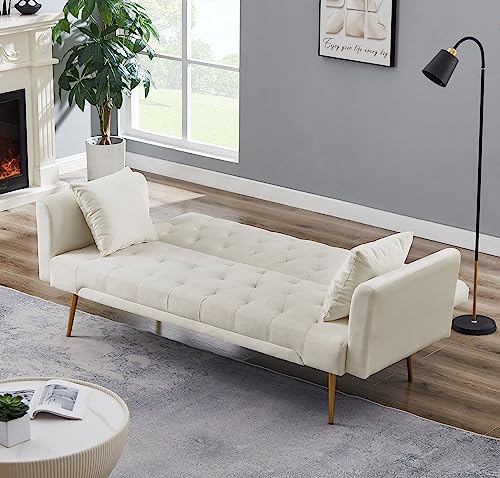 72"Modern Velvet Sofa Bed Futon,Convertible Folding Sleeper Bed Couches with 3 Adjustable Backrests,Tufted Recliner Love Seat with Golden Chrome Legs for Living Room Apartment Home Office (Beige)