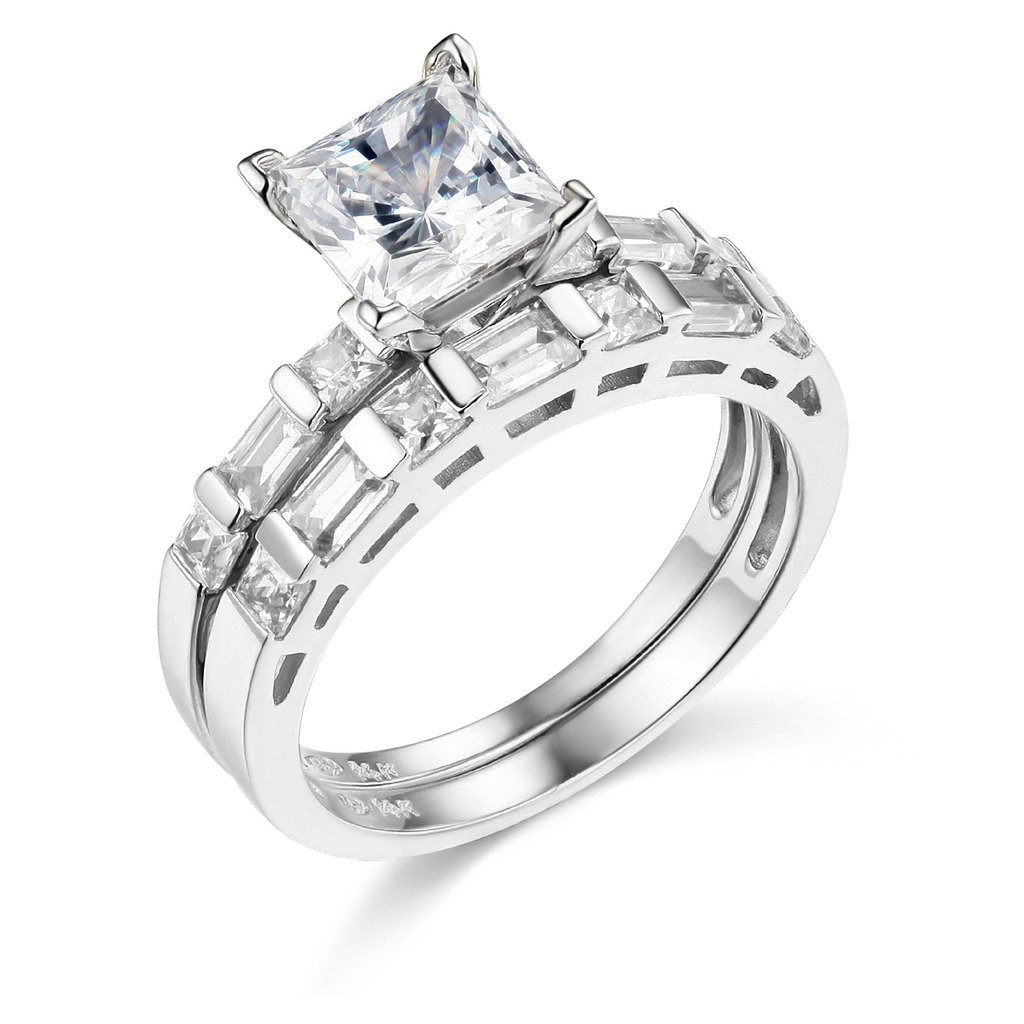 14k White Gold SOLID Engagement Ring and Wedding Band 2 Piece Set - Size 7