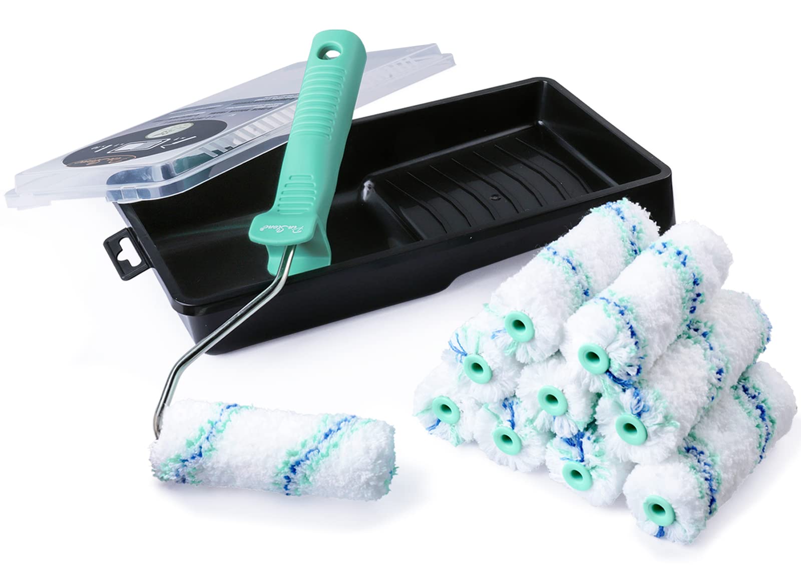 4 inch Small Paint Roller Tray Set, PinStone 12pcs 4" Mini Paint Roller with Extension Threads, 10 Microfiber Covers & Paint Preservation Tray Lid, Mini Rollers for Painting Walls, Cabinets, Touch-ups