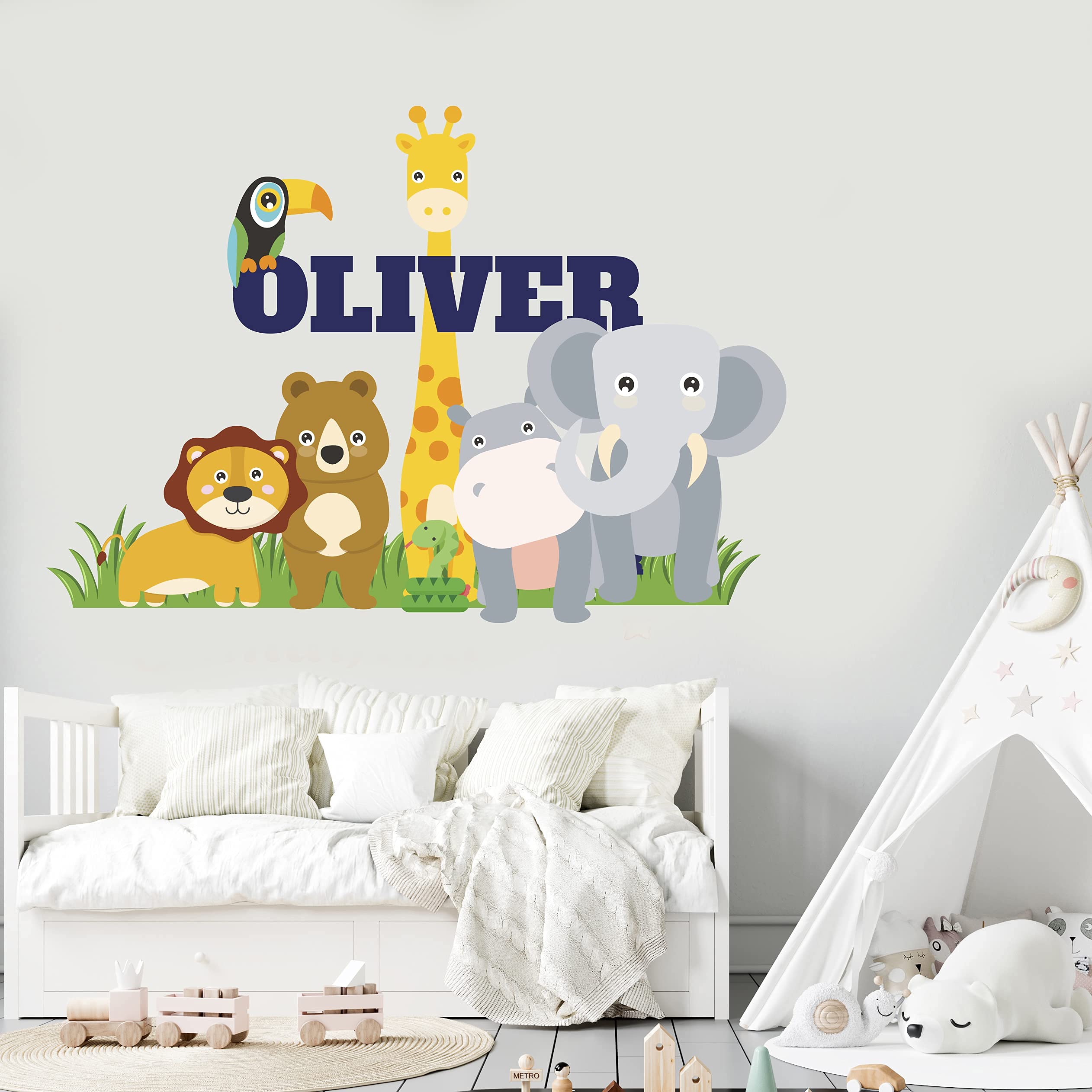 waldo Custom Name Jungle Animals - Baby Boy Girl Wall Decal - Animals Wall Decor - WD30. Zoo Theme Wall Decal Removable Nursery Wall Decal for Kids Room - Animals Name Sticker