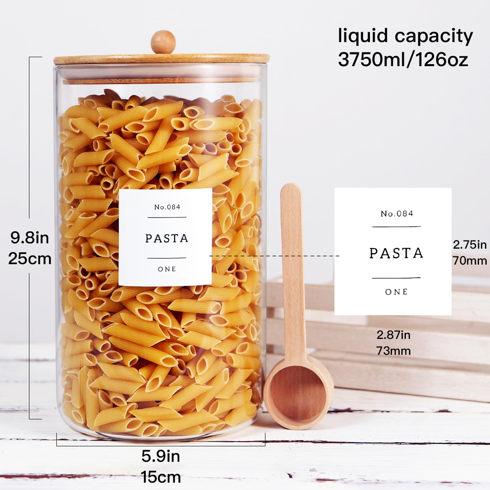 2 Pcs Large Jar with Lid for Kitchen Counter with 132 Pantry Labels and Spoon,Glass Canister Food Storage Container, Flour Container, Kitchen Storage Jars for Candy, Cookie (100oz X 2)