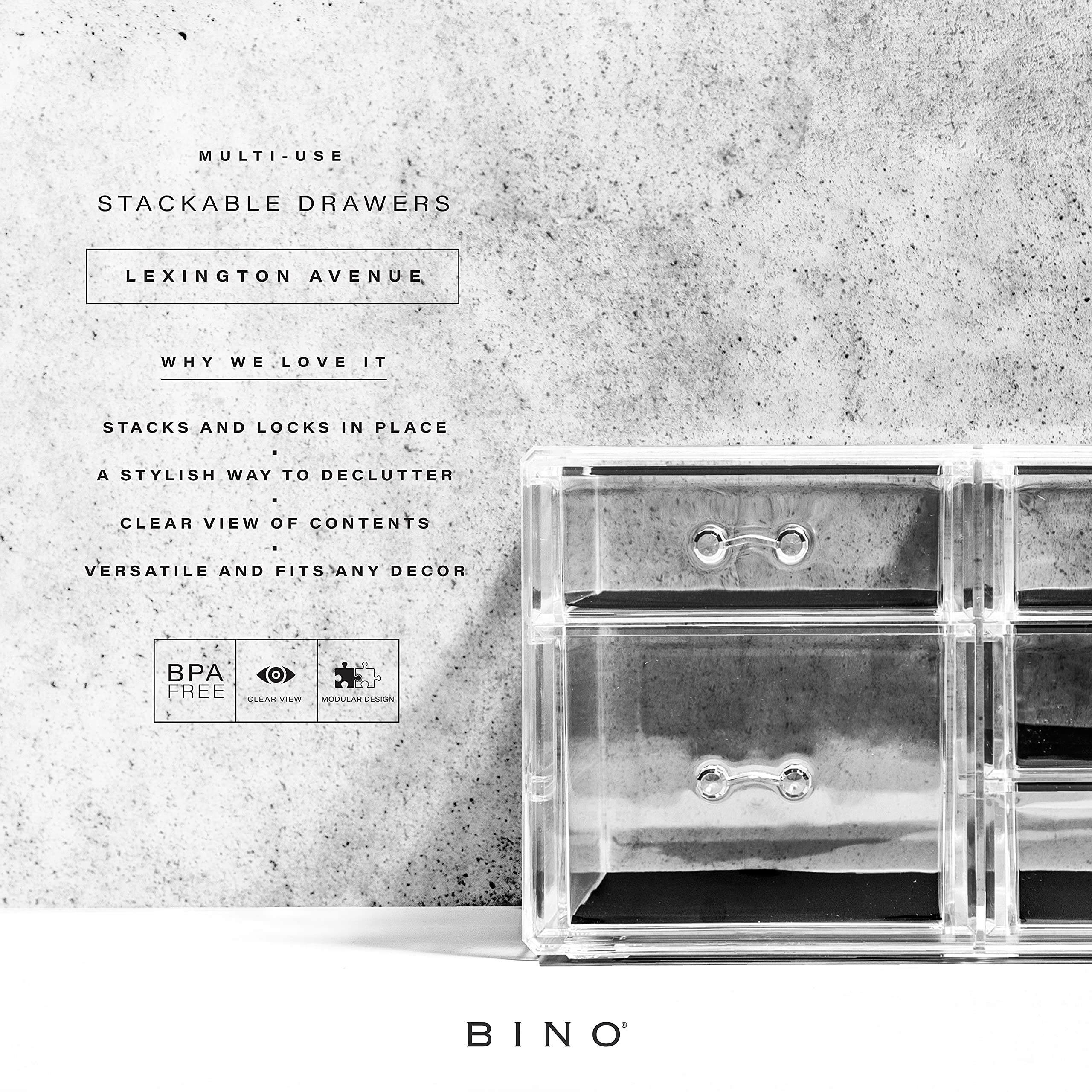 BINO | 5-Drawer Makeup Organizer, Lexington Avenue | THE MANHATTAN SERIES | Modular Design Storage Drawers | Vanity Acrylic Organizers | Stackable Storage Bins | Clear Makeup Organizers And Storage